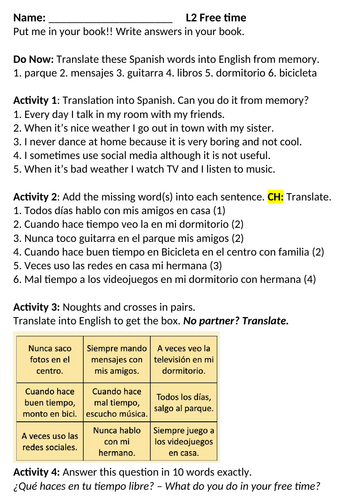 Y7 2x Free-time COVER worksheet Spanish | Teaching Resources