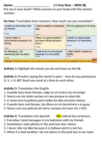 Y7 2x Free-time COVER worksheet Spanish | Teaching Resources