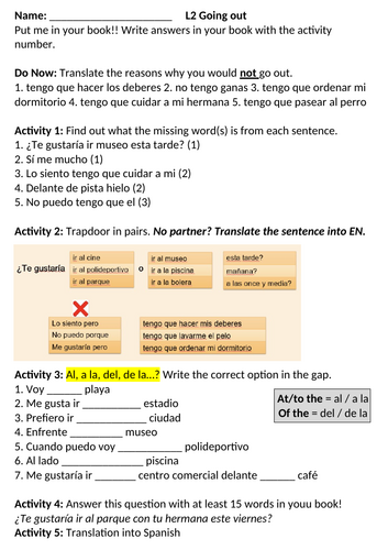 Y8 Spanish 3x Going out/plans COVER worksheets | Teaching Resources