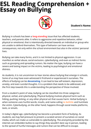 ESL Reading Comprehension + Essay Worksheets on Bullying | Teaching ...