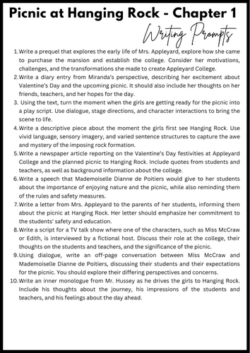 Picnic at Hanging Rock Chapter 1 Post-Reading Creative Writing Prompts ...