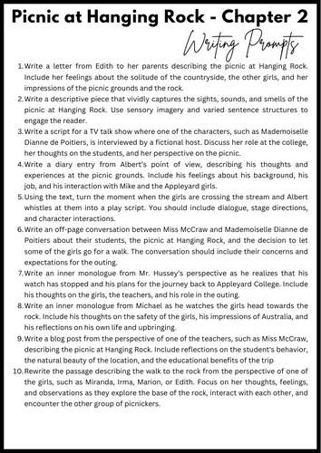 Picnic at Hanging Rock Chapter 2 Post-Reading Creative Writing Prompts ...
