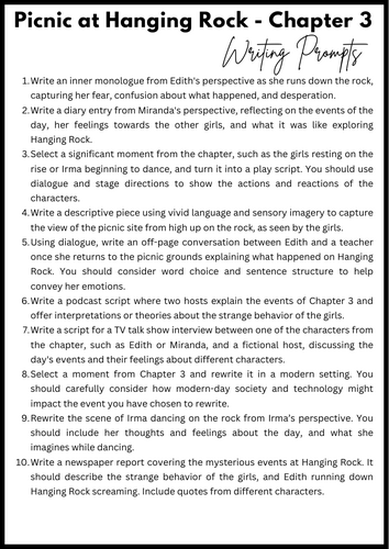 Picnic at Hanging Rock Chapter 3 Post-Reading Creative Writing Prompts ...