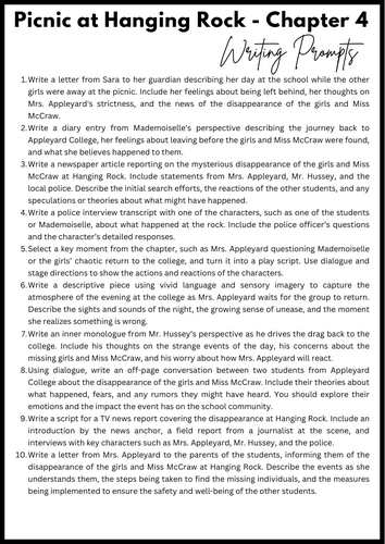 Picnic at Hanging Rock Chapter 4 Post-Reading Creative Writing Prompts ...