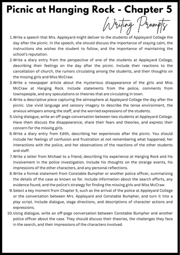 Picnic at Hanging Rock Chapter 5 Post-Reading Creative Writing Prompts ...