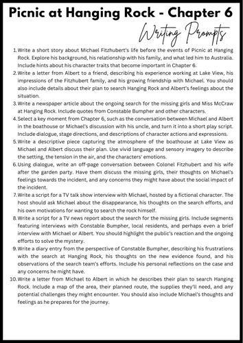 Picnic at Hanging Rock Chapter 6 Post-Reading Creative Writing Prompts ...