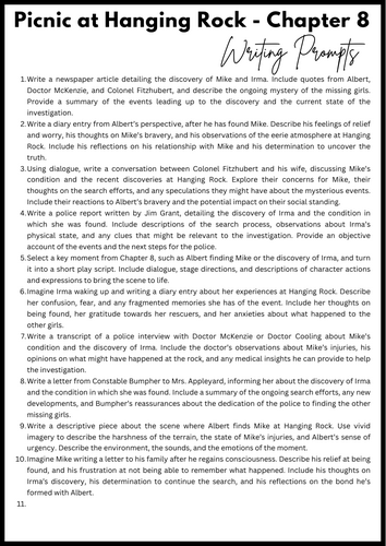 Picnic at Hanging Rock Chapter 8 Post-Reading Creative Writing Prompts ...