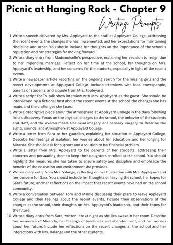 Picnic at Hanging Rock Chapter 9 Post-Reading Creative Writing Prompts ...