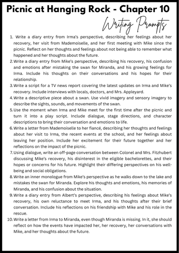 Picnic at Hanging Rock Chapter 10 Post-Reading Creative Writing Prompts ...