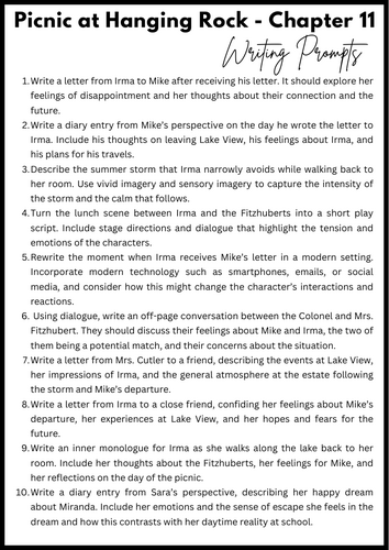 Picnic at Hanging Rock Chapter 11 Post-Reading Creative Writing Prompts ...