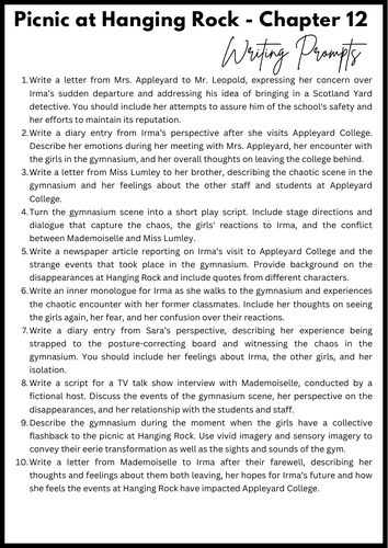 Picnic at Hanging Rock Chapter 12 Post-Reading Creative Writing Prompts ...