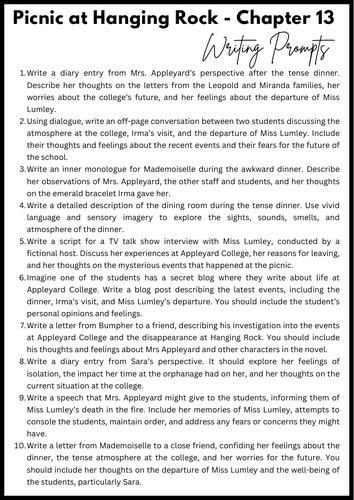 Picnic at Hanging Rock Chapter 13 Post-Reading Creative Writing Prompts ...