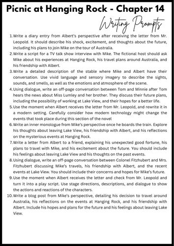 Picnic at Hanging Rock Chapter 14 Post-Reading Creative Writing Prompts ...