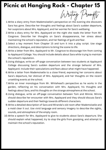 Picnic at Hanging Rock Chapter 15 Post-Reading Creative Writing Prompts ...