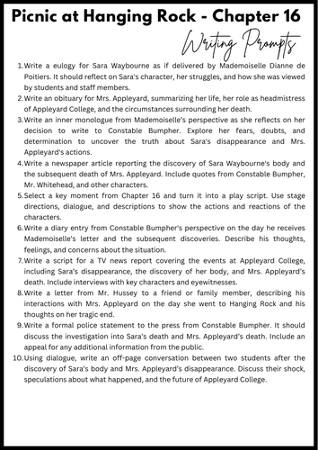 Picnic at Hanging Rock Chapter 16 Post-Reading Creative Writing Prompts ...