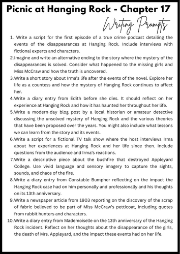 Picnic at Hanging Rock Chapter 17 Post-Reading Creative Writing Prompts ...