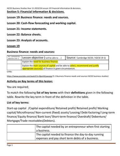 "Lesson 19: Business Finance - Needs and Sources: IGCSE 0450 - Teachers ...
