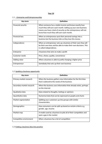 Edexcel GCSE Business Year 10 key terms | Teaching Resources