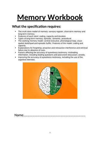 AQA Psychology Memory workbook (A-level or AS level | Teaching Resources