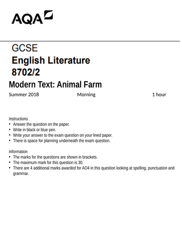 AQA Style Year 9 Animal Farm Mock Assessment Questions | Teaching Resources
