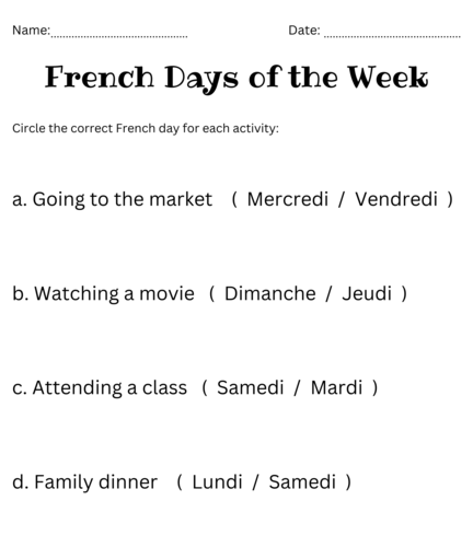 matching french days of the week worksheet - days of the week in french ...