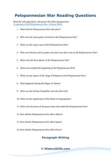 Peloponnesian War Reading Questions Worksheet | Teaching Resources