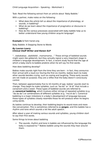 Child Language Acquisition - Speaking - A Level Unit | Teaching Resources