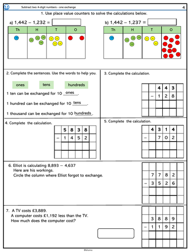 Subtraction 4-digit numbers with one exchange | Teaching Resources