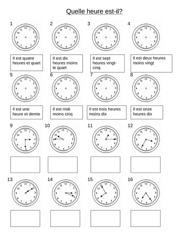 time in French - quelle heure est il worksheet | Teaching Resources