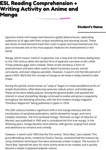 ESL Reading Comprehension + Essay Worksheet on Japanese Manga and Anime ...
