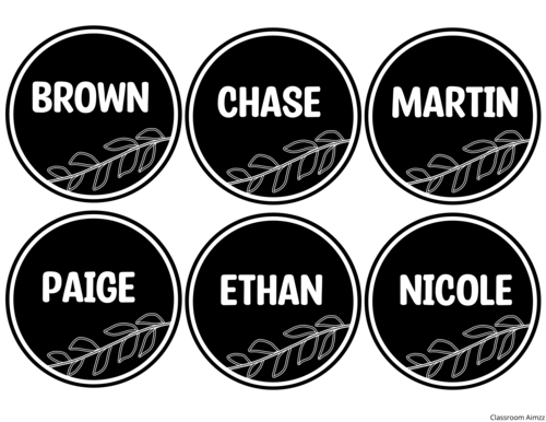 Printable Botanical Round Black and White Student Name Labels, Name ...