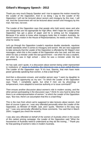 Gillard's Misogyny Speech_2012 | Teaching Resources