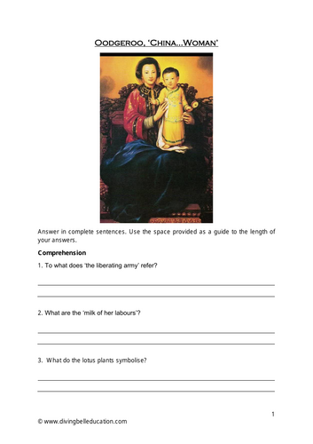 Poetry Study Worksheet - Oodgeroo, 'China ... Woman' | Teaching Resources