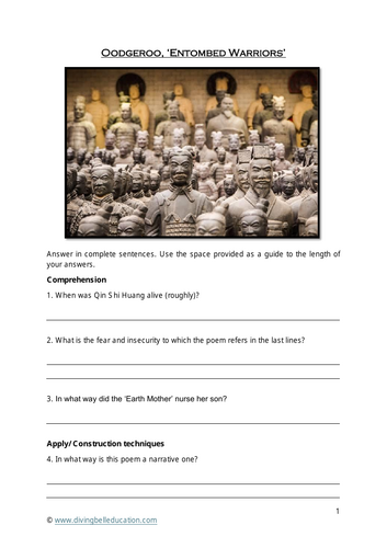Poetry Study Worksheet - Oodgeroo, 'Entombed Warriors' | Teaching Resources