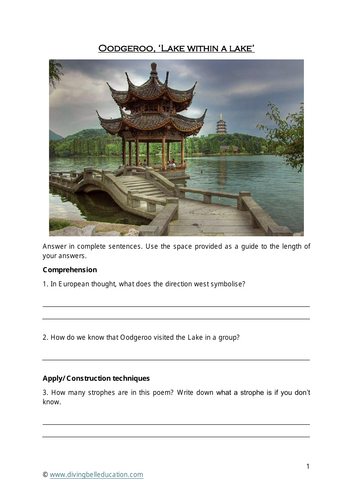 Poetry Study Worksheet - Oodgeroo, 'Lake Within a Lake' | Teaching ...