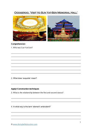 Poetry Study Worksheet - Oodgeroo, 'Visit to the Sun Yat Sen Memorial ...