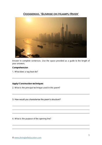 Poetry Study Worksheet - Oodgeroo, 'Sunrise on Huampu River' | Teaching ...