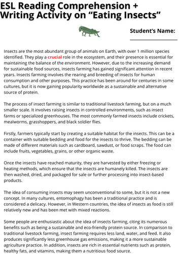 ESL Reading Comprehension + Writing Worksheet - Eating Insects ...