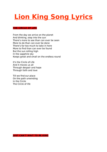 Lion King School Production Script | Teaching Resources