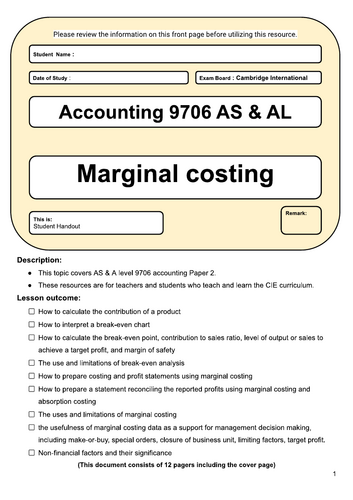 AS & AL 9706 Accounting Marginal Costing Teacher Note & Printable ...