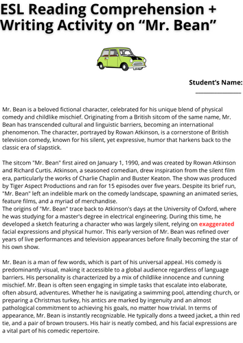 ESL Reading Comprehension + Writing Activity Worksheets on Mr. Bean ...