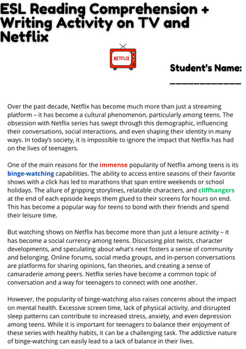 ESL Reading Comprehension + Writing Activity Worksheet on Netflix ...