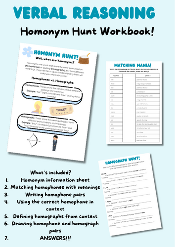 Homonym Verbal Reasoning English Vocabulary (Homophone/Homograph) KS2 ...