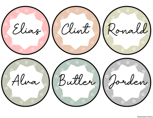 Free Printable Boho Student Name Labels, Round Polka Dots Name Cards ...