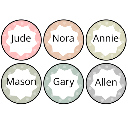 Free Printable Boho Student Name Labels, Round Polka Dots Name Cards ...