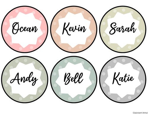 Free Printable Boho Student Name Labels, Round Polka Dots Name Cards ...