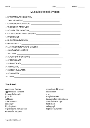 Musculoskeletal System Word Scramble for Vet. Science Students ...