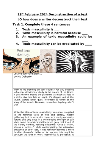 Toxic masculinity non fiction writing | Teaching Resources