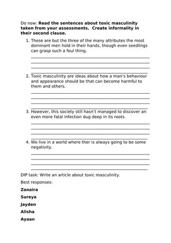 Toxic masculinity non fiction writing | Teaching Resources