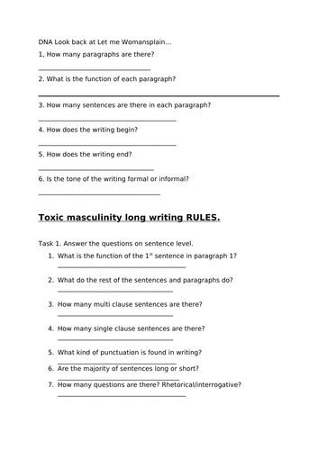 Toxic masculinity non fiction writing | Teaching Resources